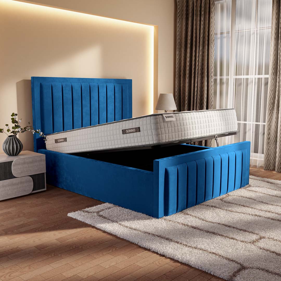 Hamilton Upholstered Ottoman Bed - Blue Plush Velvet – Sonno