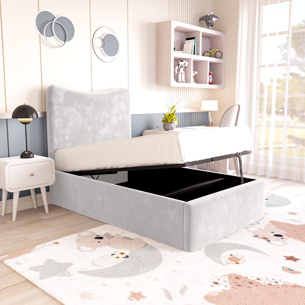Cairo Kids Upholstered Ottoman Bed - Silver Plush Velvet – Sonno