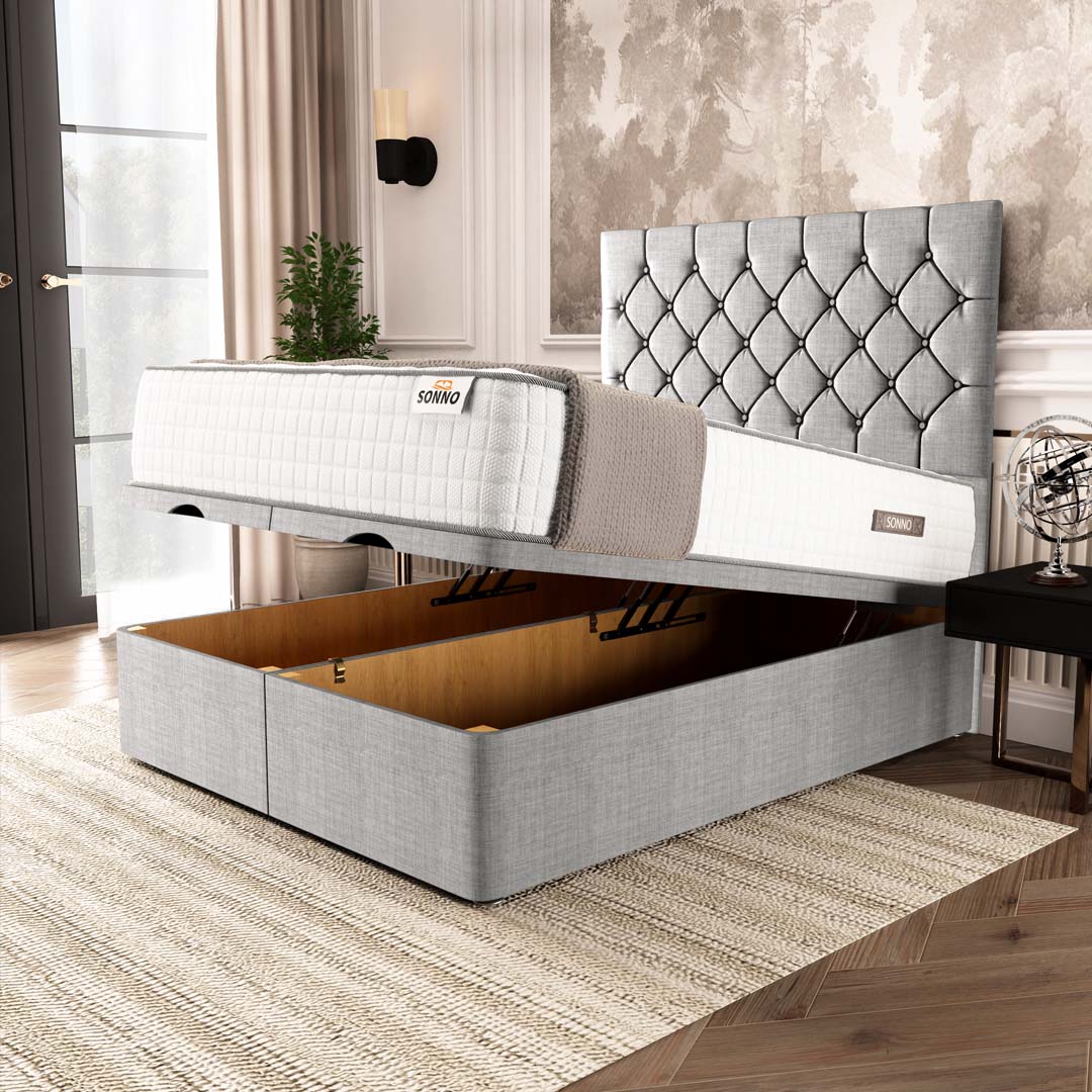 Seville Chesterfield Ottoman Divan Bed - Silver Linoso – Sonno