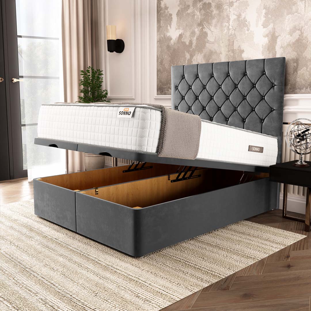 Seville Chesterfield Ottoman Divan Bed - Steel Plush Velvet – Sonno