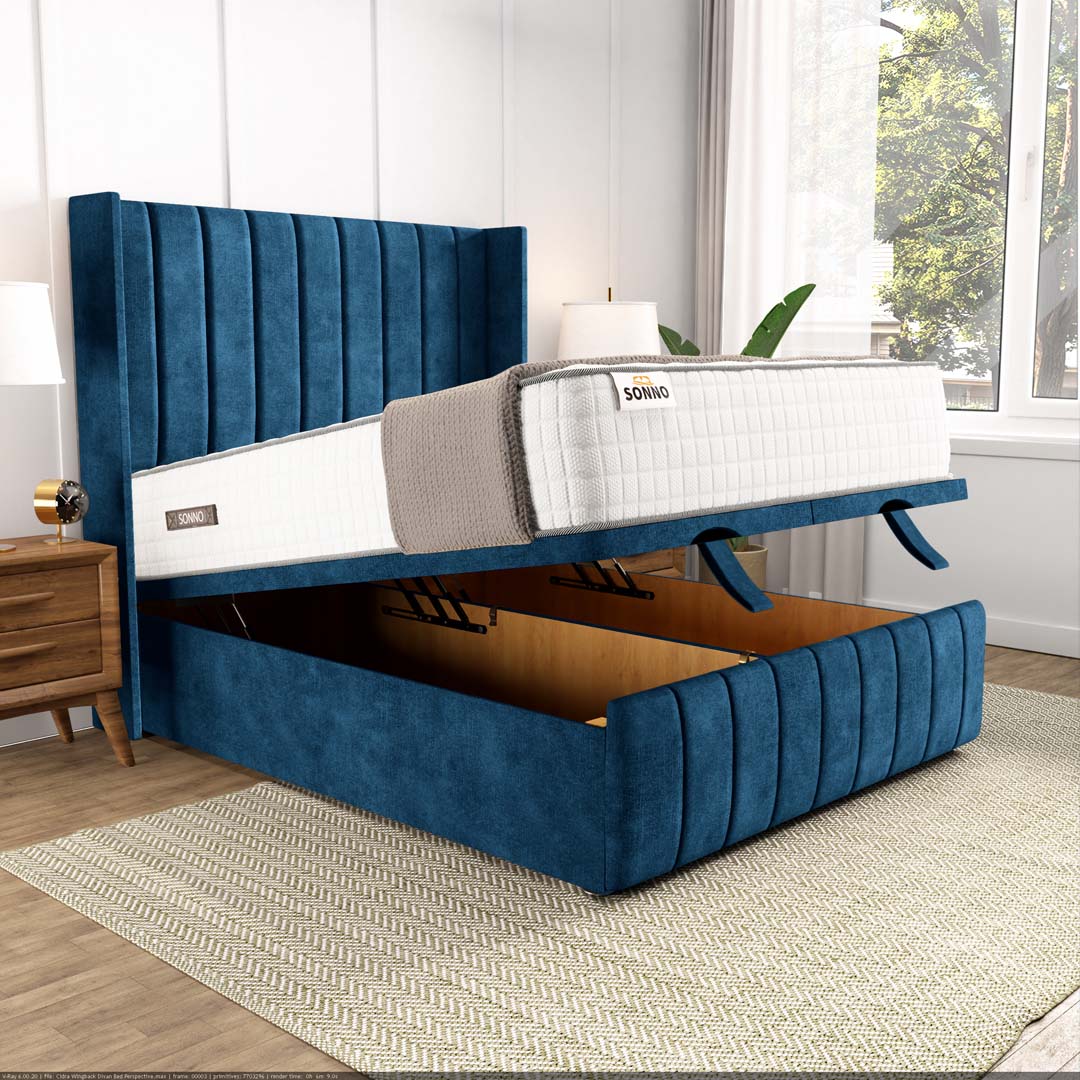 Cidra Wingback Ottoman Divan Bed - Blue Coniston – Sonno