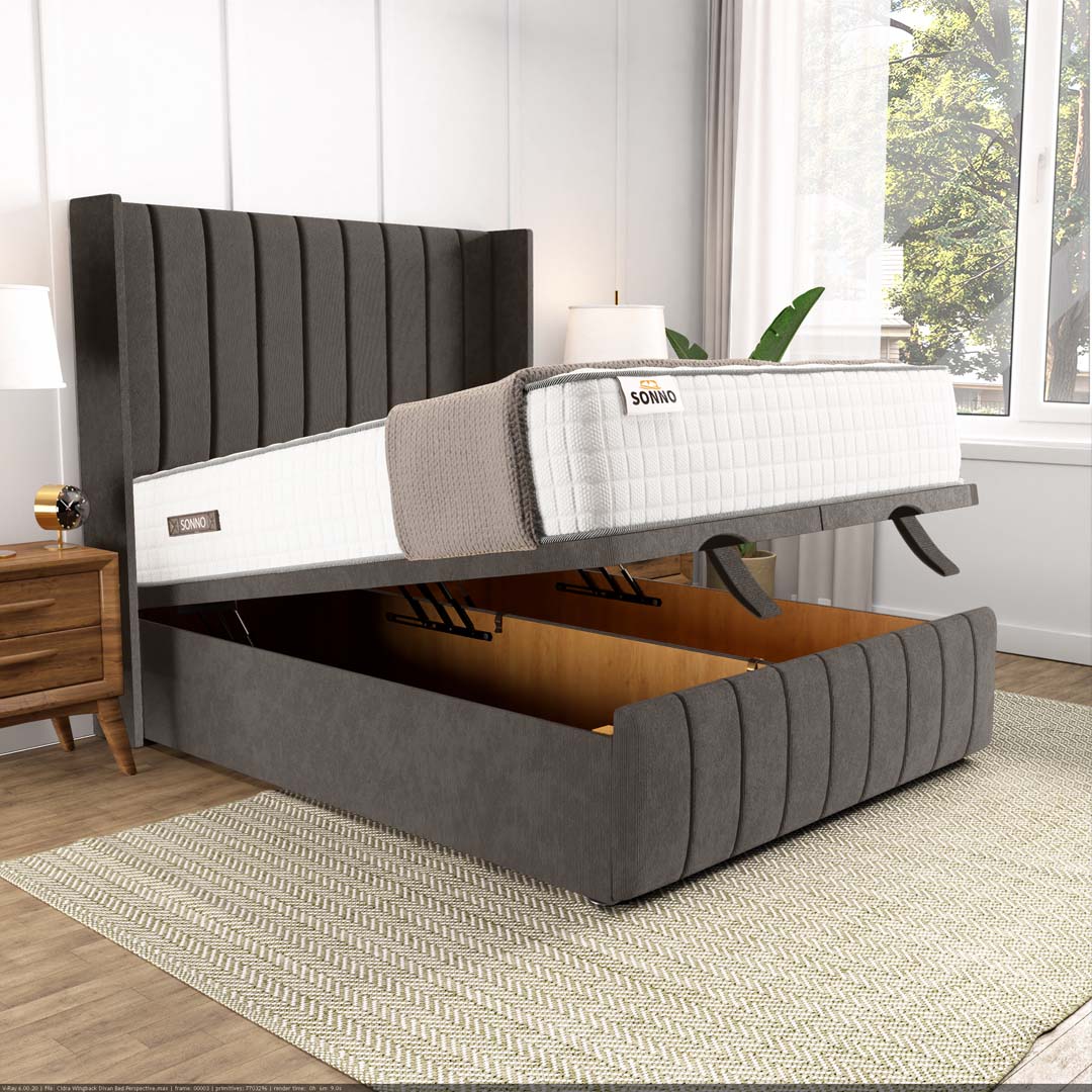 Cidra Wingback Ottoman Divan Bed - Slate Grey Naples – Sonno
