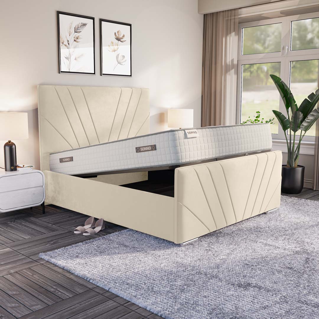 Fiji Sunrise Upholstered Ottoman Bed - Cream Plush Velvet – Sonno