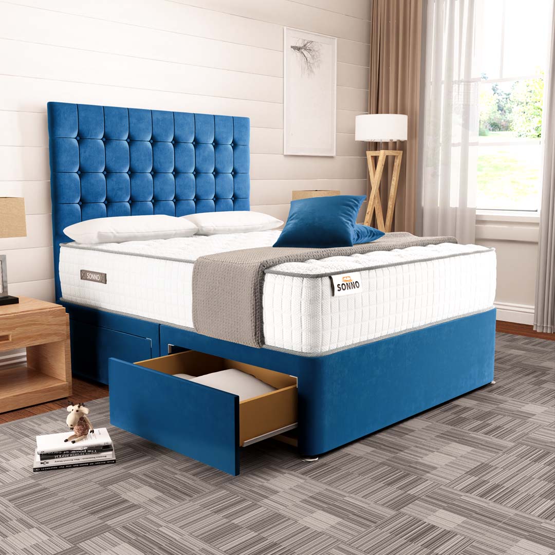 Kingston Divan Bed - Blue Plush Velvet – Sonno