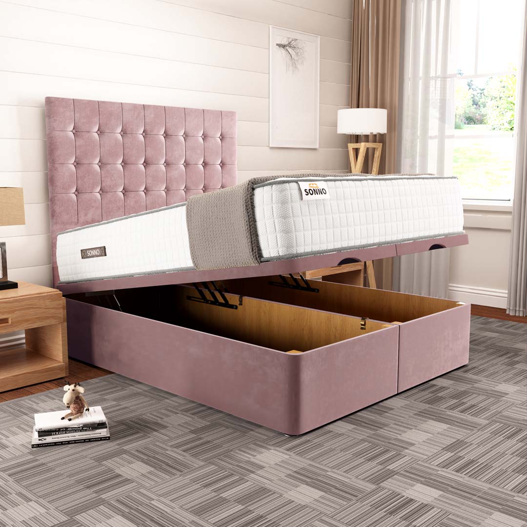 Kingston Ottoman Divan Bed - Pink Plush Velvet – Sonno