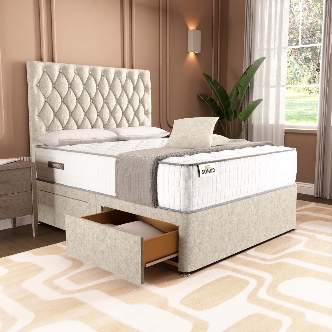 London Chesterfield Divan Bed - Cream Chenille – Sonno