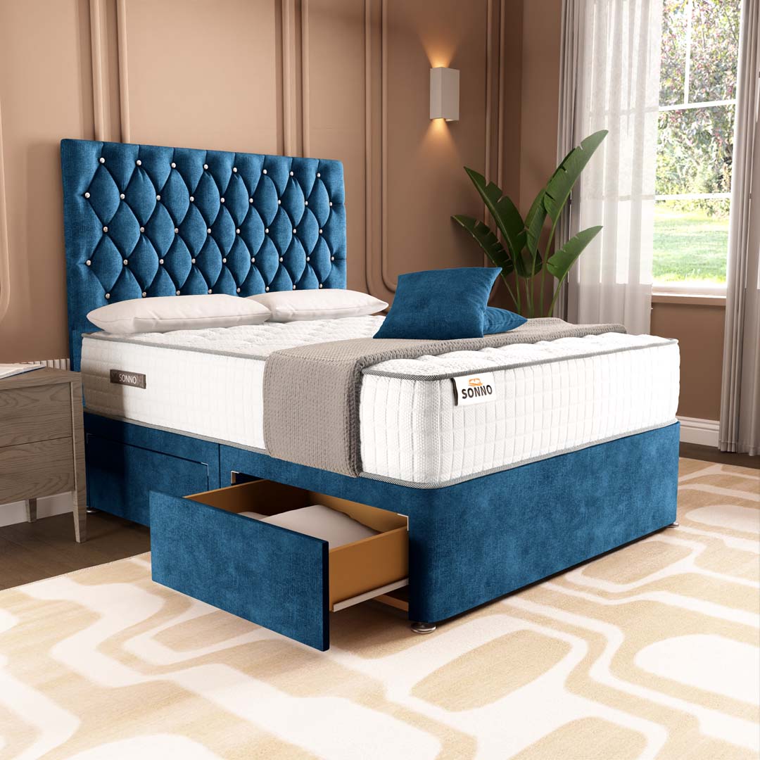London Chesterfield Divan Bed - Blue Coniston – Sonno