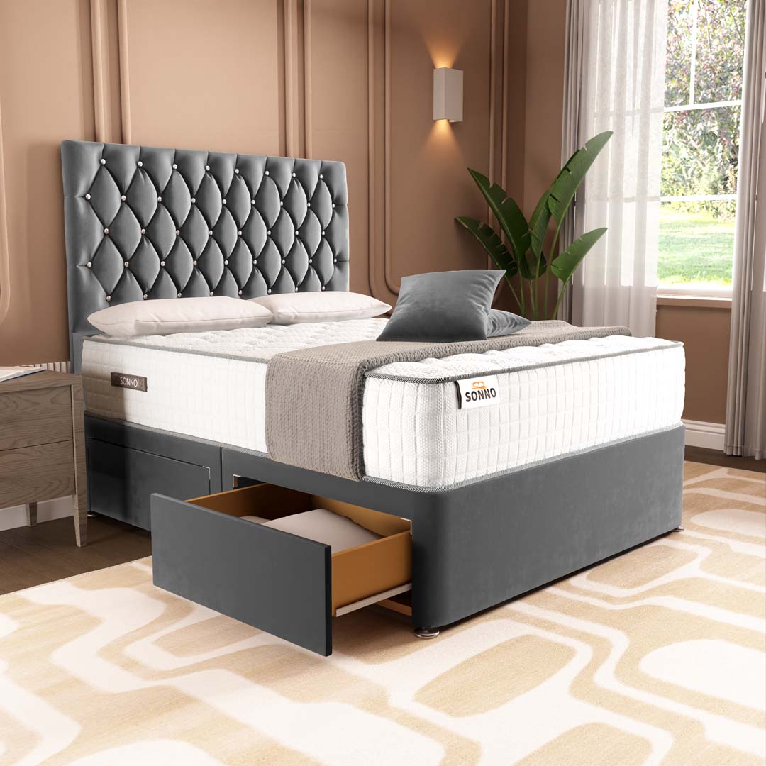 London Chesterfield Divan Bed - Steel Plush Velvet – Sonno