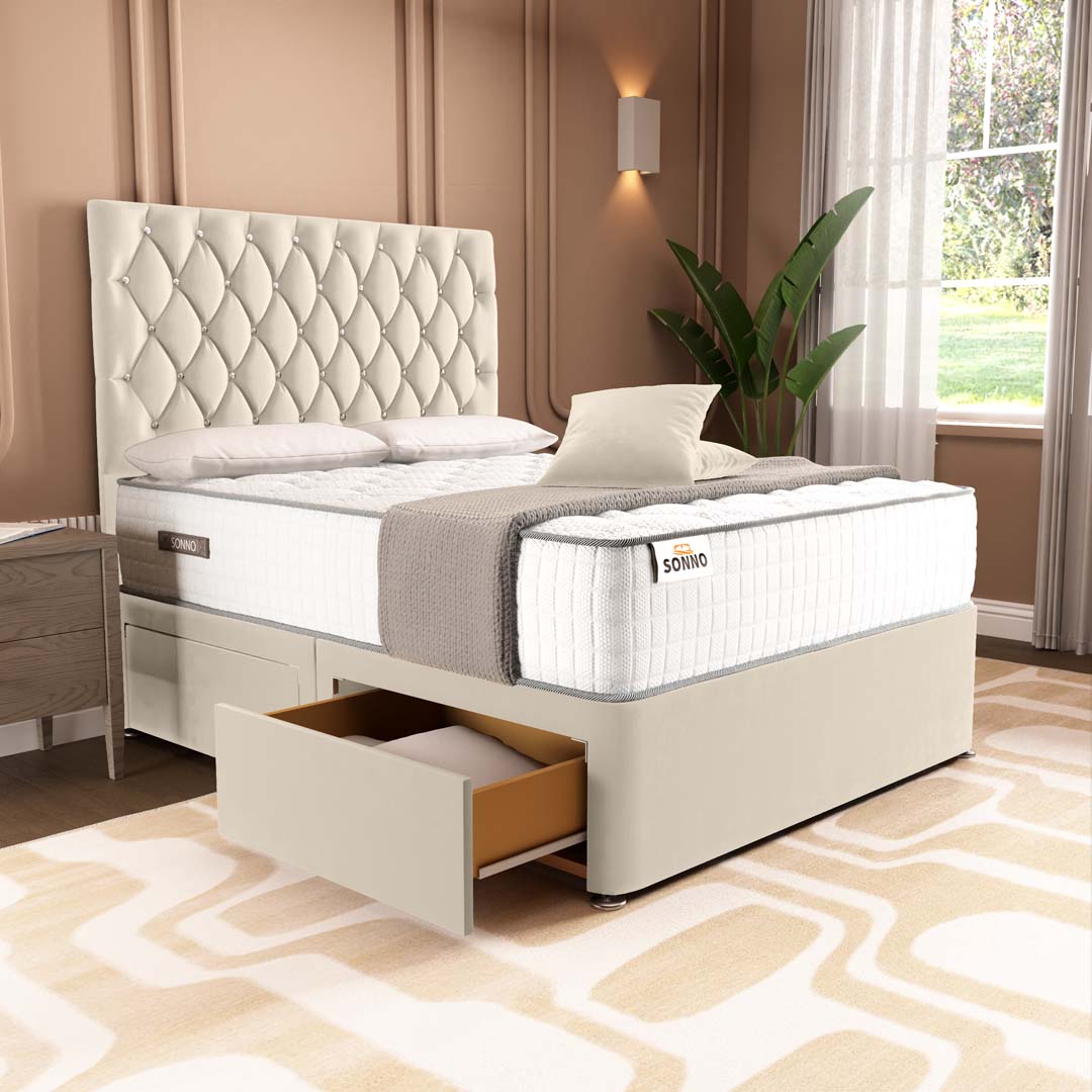 Madrid Chesterfield Divan Bed - Cream Plush Velvet – Sonno