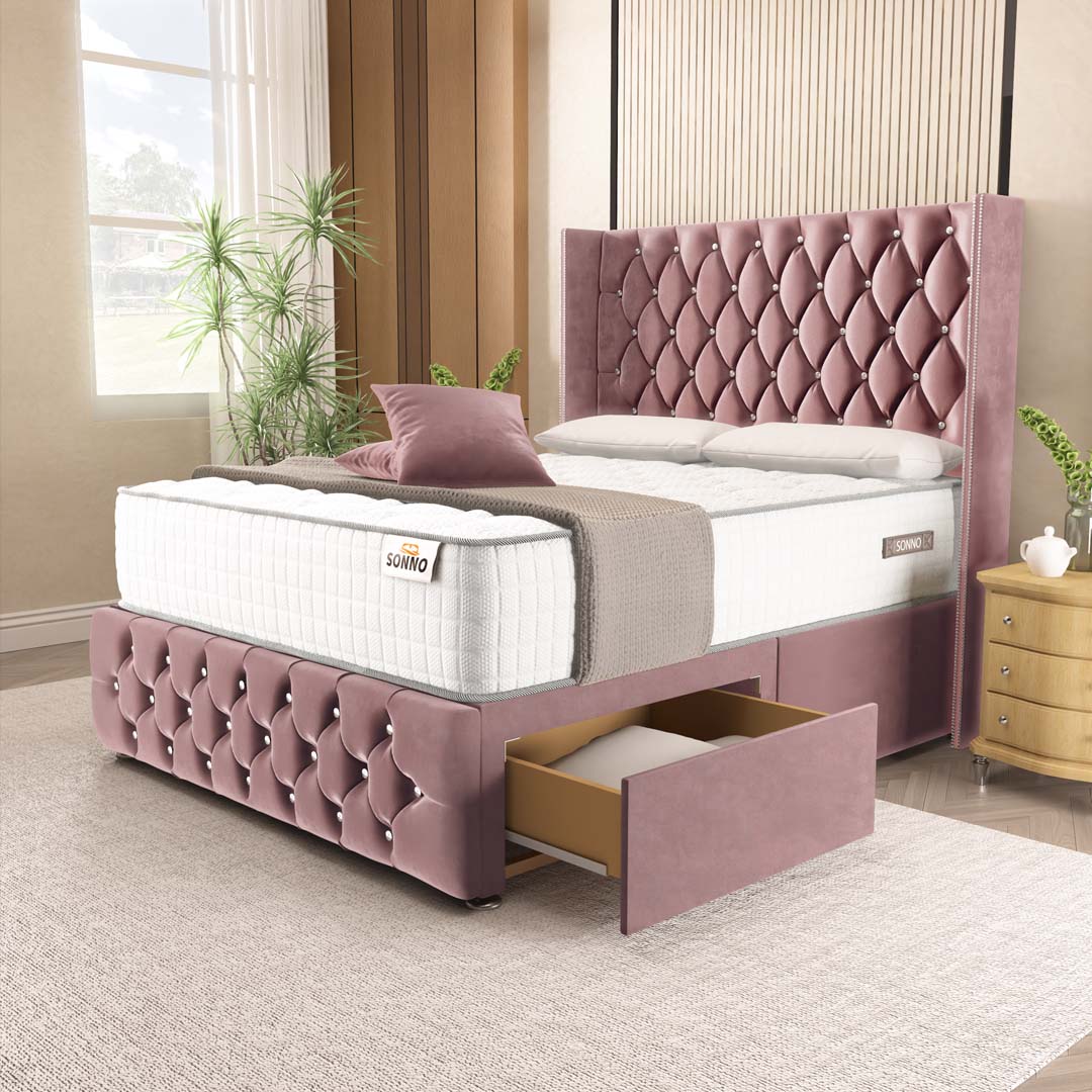 Luxor Wingback Divan Bed - Pink Plush Velvet – Sonno