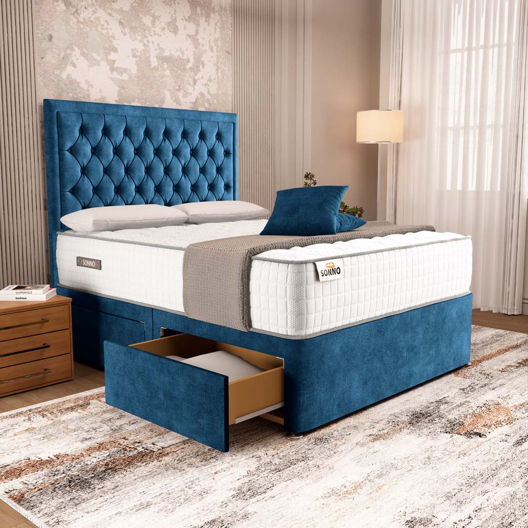 Madrid Chesterfield Divan Bed - Blue Coniston – Sonno