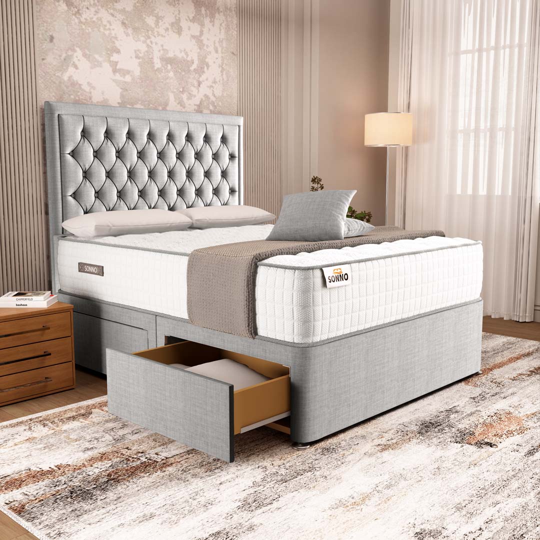 Madrid Chesterfield Divan Bed - Silver Linoso – Sonno