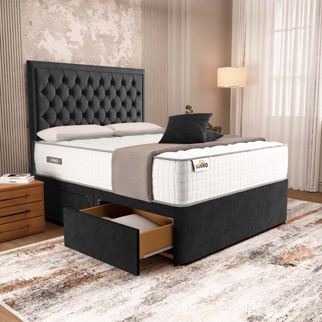 Madrid Chesterfield Divan Bed - Black Naples – Sonno