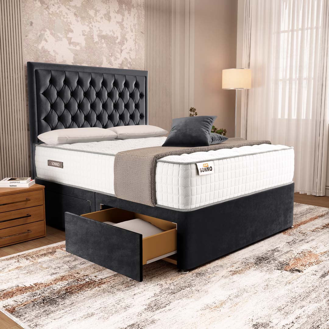 Madrid Chesterfield Divan Bed - Black Plush Velvet – Sonno