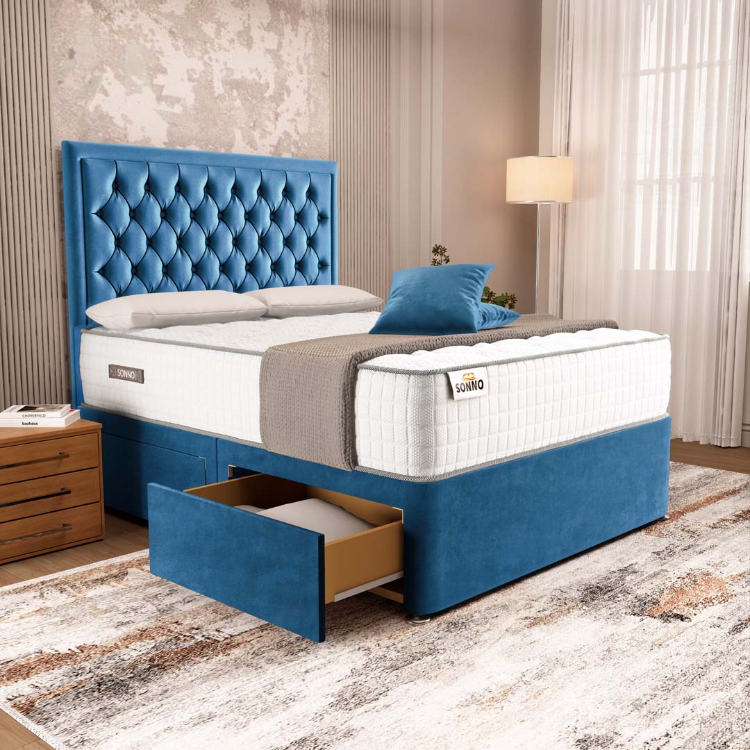 Madrid Chesterfield Divan Bed - Blue Plush Velvet – Sonno