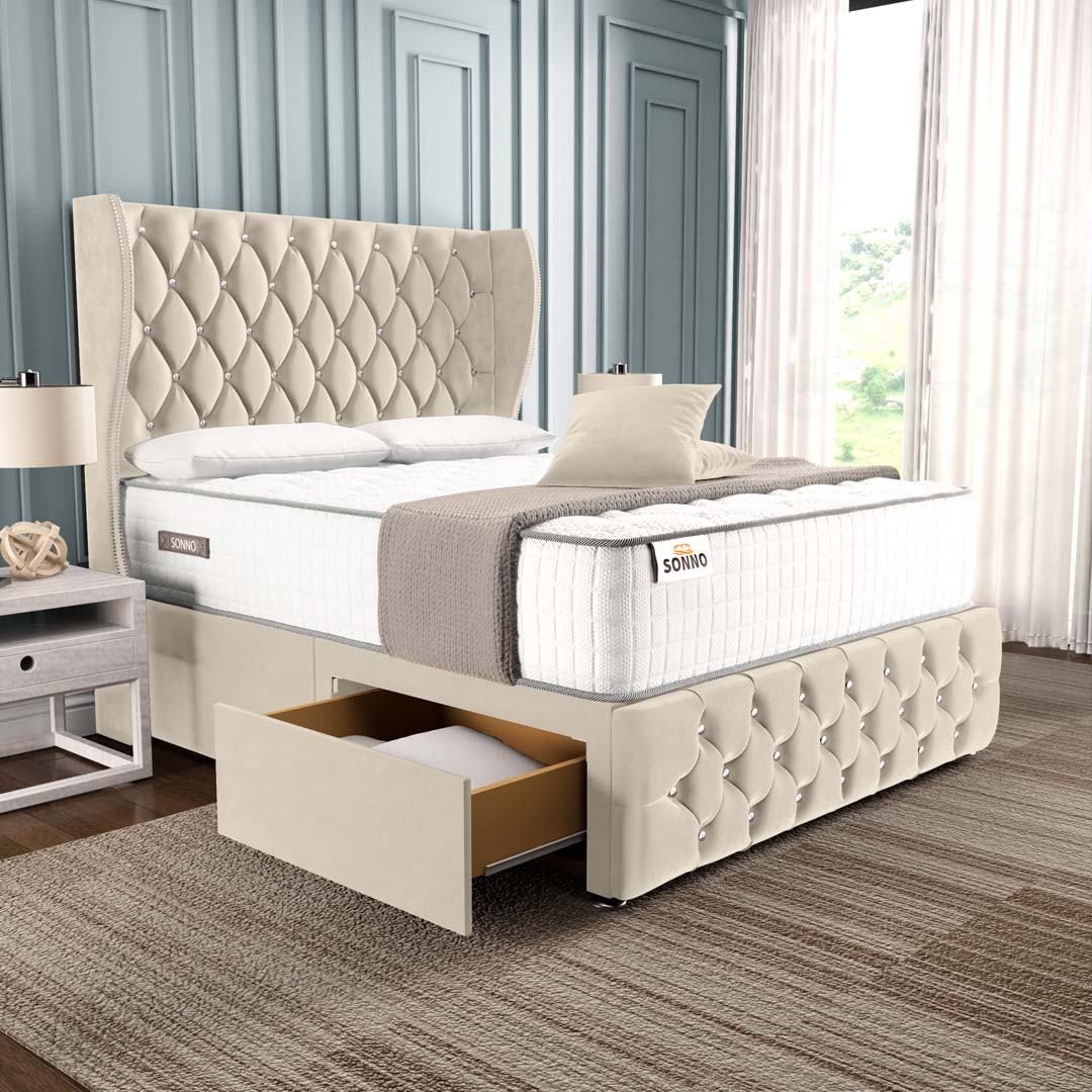 Monaco Wingback Divan Bed - Cream Plush Velvet – Sonno