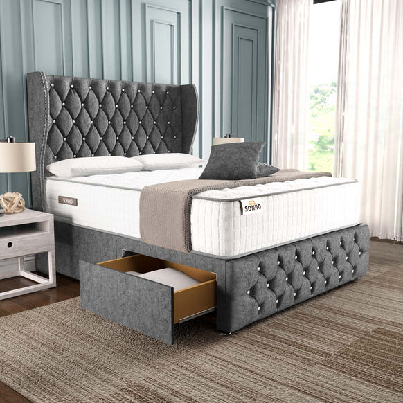 Monaco Wingback Divan Bed - Silver Chenille – Sonno