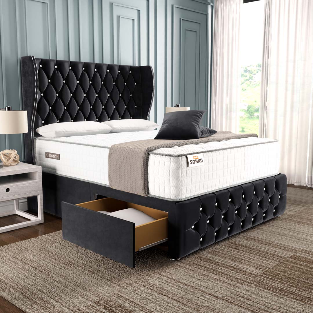 Monaco Wingback Divan Bed - Black Plush Velvet – Sonno