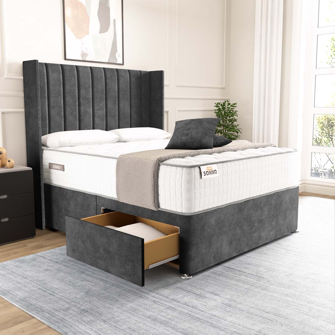 Prague Wingback Divan Bed - Charcoal Coniston – Sonno