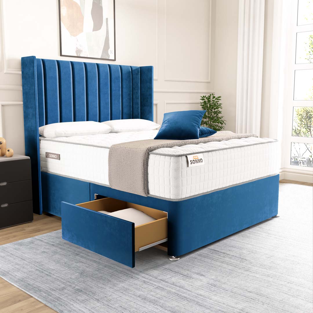 Prague Wingback Divan Bed - Blue Plush Velvet – Sonno
