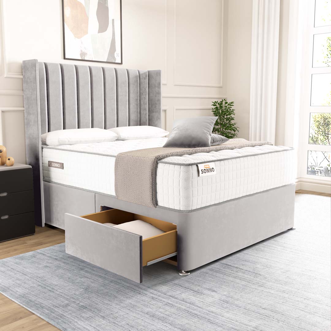 Prague Wingback Divan Bed - Silver Plush Velvet – Sonno