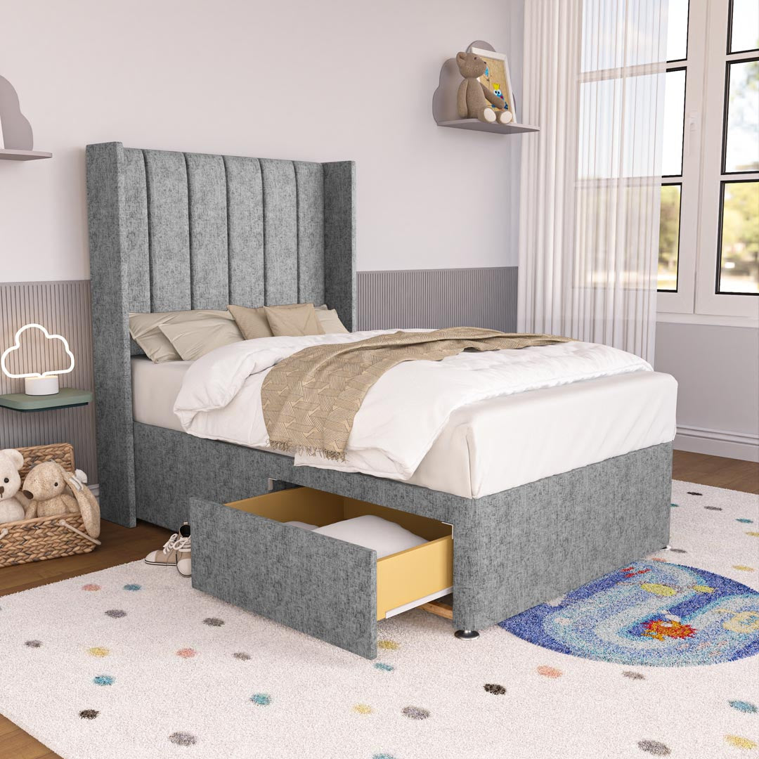 Prague Kids Wingback Divan Bed - Silver Chenille – Sonno