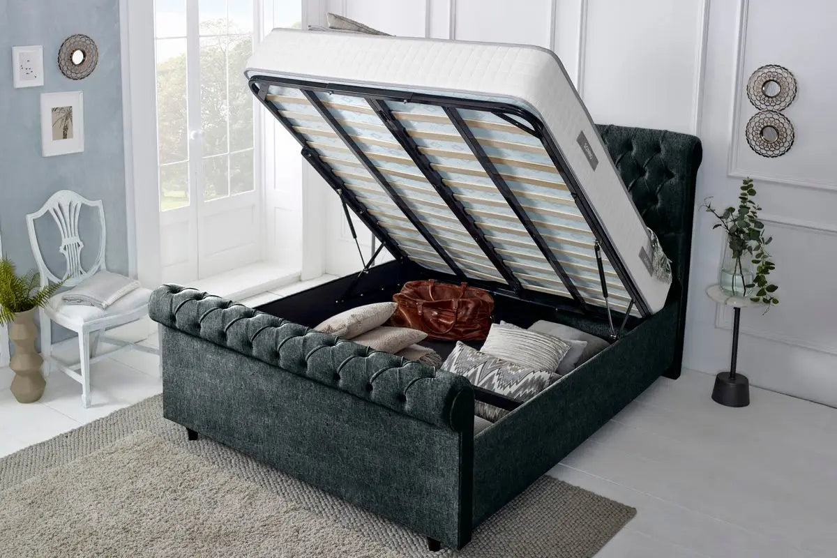Berlin Upholstered Ottoman Bed Charcoal Chenille Sonno