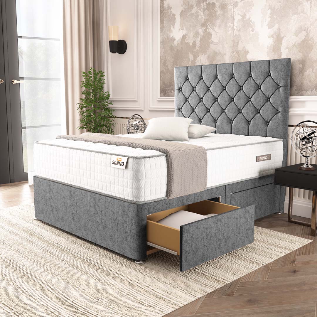 Seville Chesterfield Divan Bed - Silver Chenille – Sonno