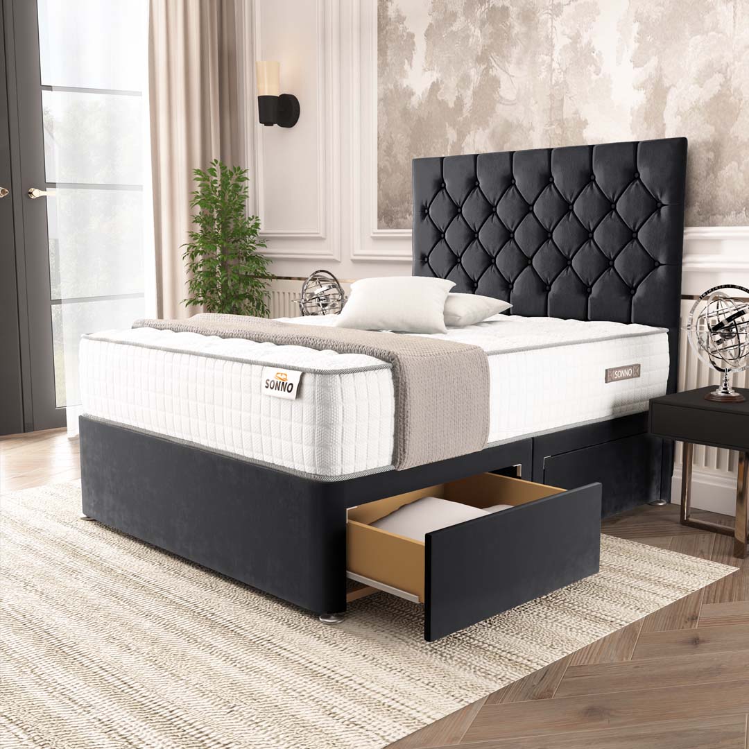 Seville Chesterfield Divan Bed - Black Plush Velvet – Sonno