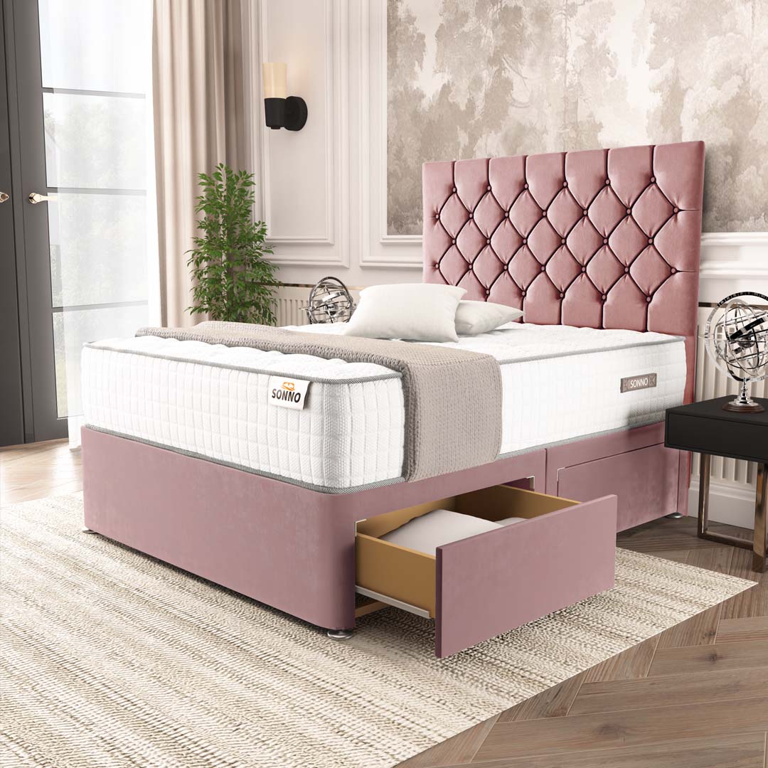 Seville Chesterfield Divan Bed - Pink Plush Velvet – Sonno