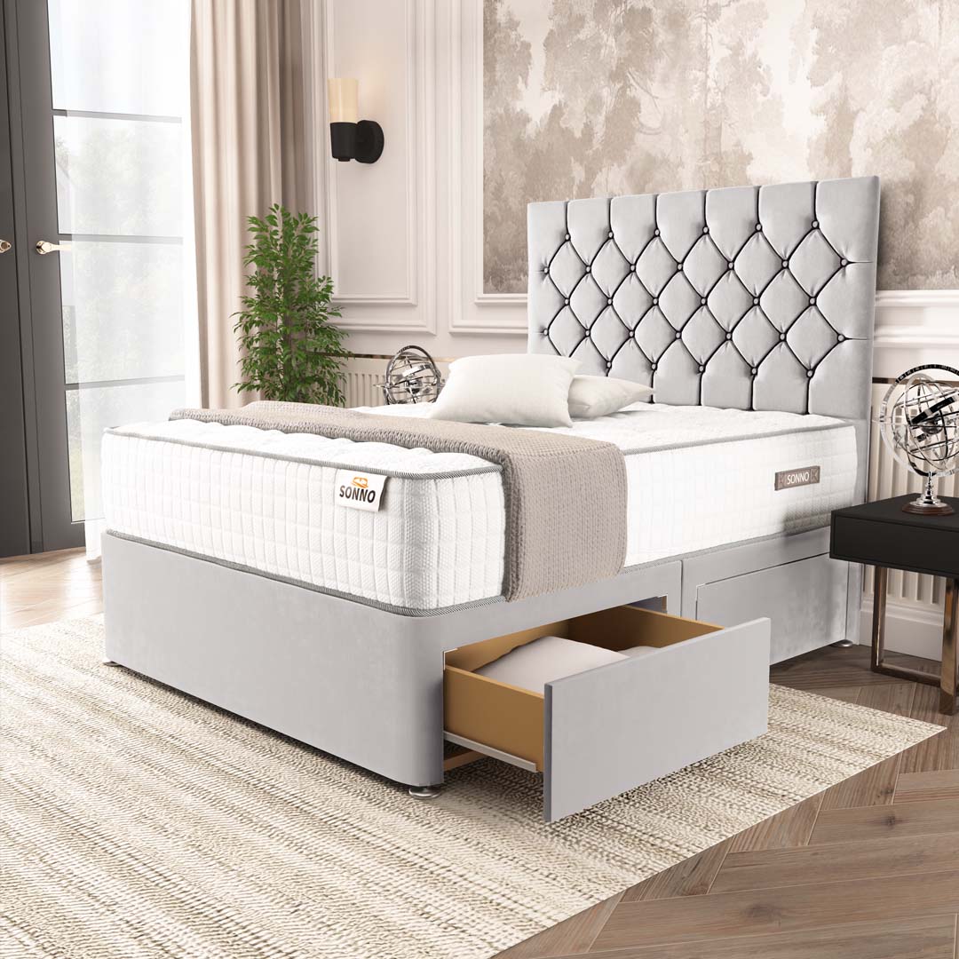 Seville Chesterfield Divan Bed - Silver Plush Velvet – Sonno