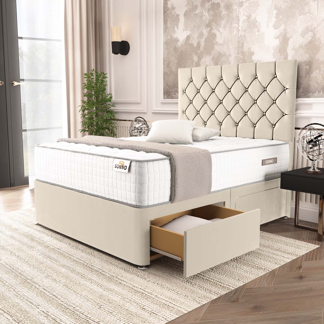 Seville Chesterfield Divan Bed - Cream Plush Velvet – Sonno