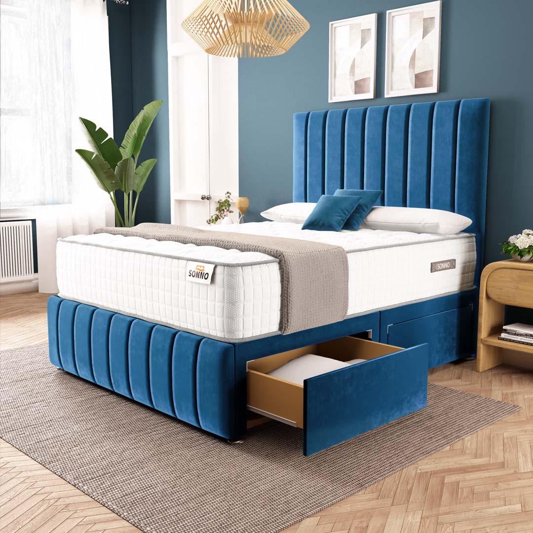 Sydney Divan Bed - Blue Plush Velvet – Sonno