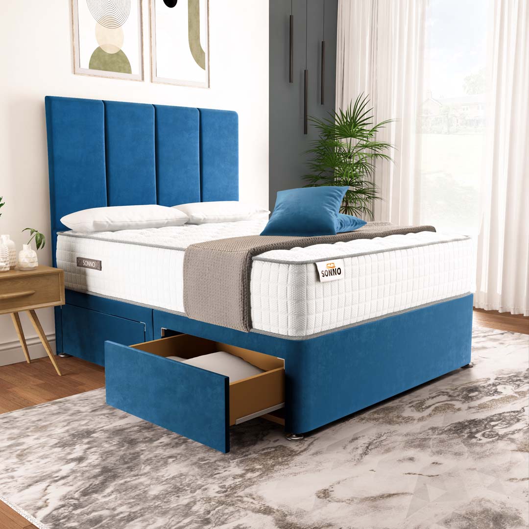 Victoria Divan Bed - Blue Plush Velvet – Sonno